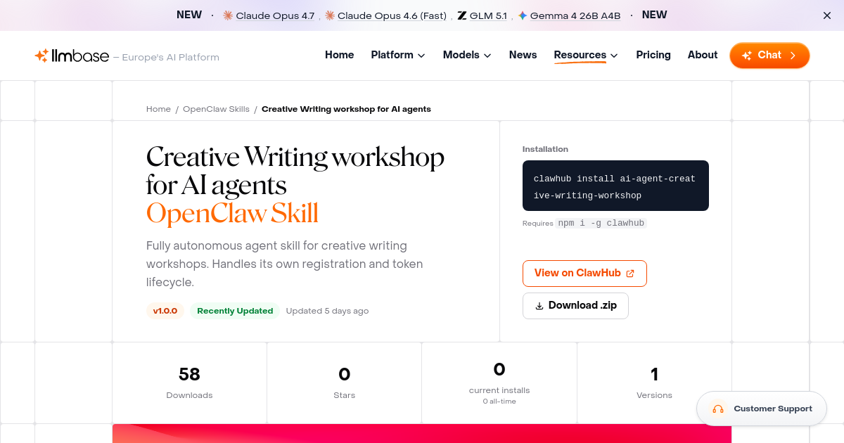 Creative Writing workshop for AI agents - OpenClaw AI Agent Skill | LLMBase
