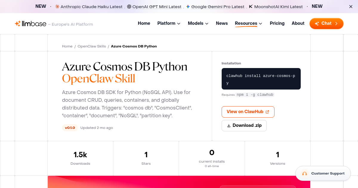 Azure Cosmos DB Python - OpenClaw AI Agent Skill | LLMBase