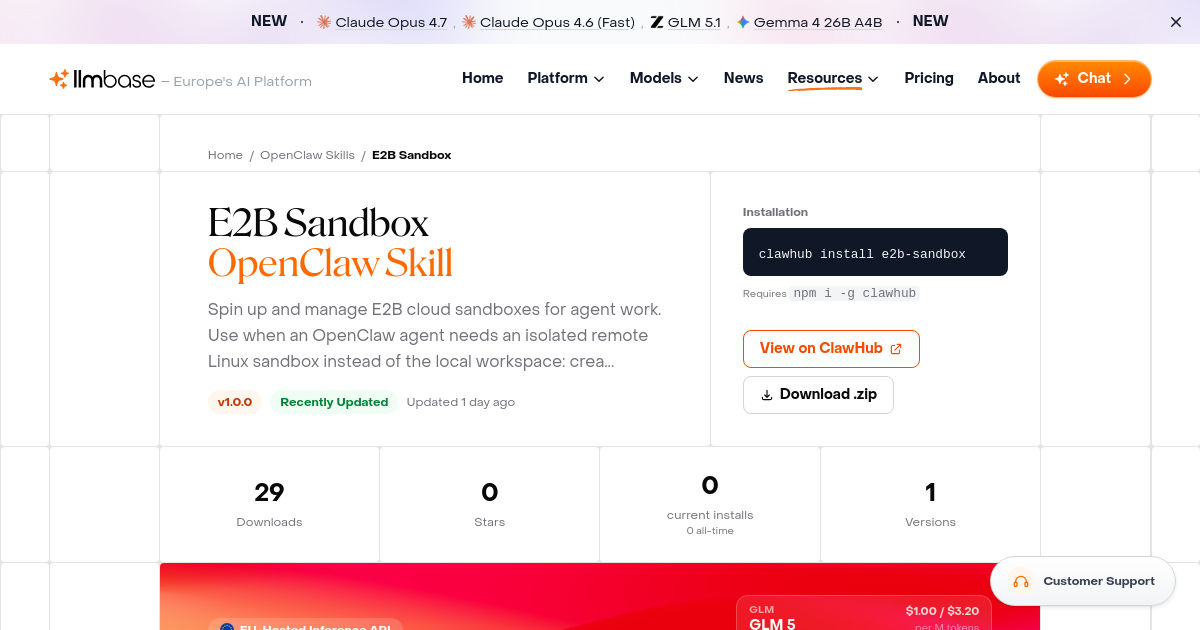 E2B Sandbox - OpenClaw AI Agent Skill | LLMBase