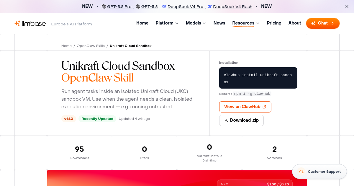 Unikraft Cloud Sandbox - OpenClaw AI Agent Skill | LLMBase